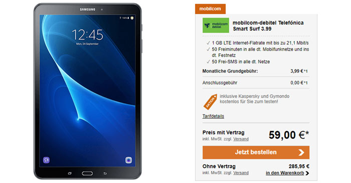 o2 Smart Surf Tarif + Galaxy Tab A 10.1 Tablet für 3,99€/Monat + 59€