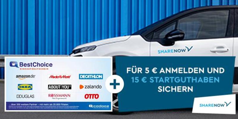 15€ Share Now Startguthaben + 5€ Amazon Gutschein Bonus