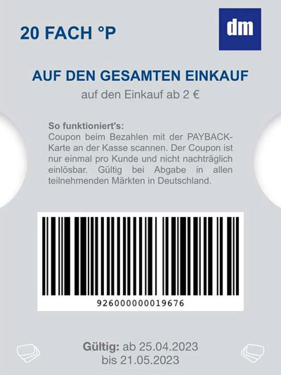 Payback dm Coupons: 20-fach Payback Punkte bei dm (= 10%)