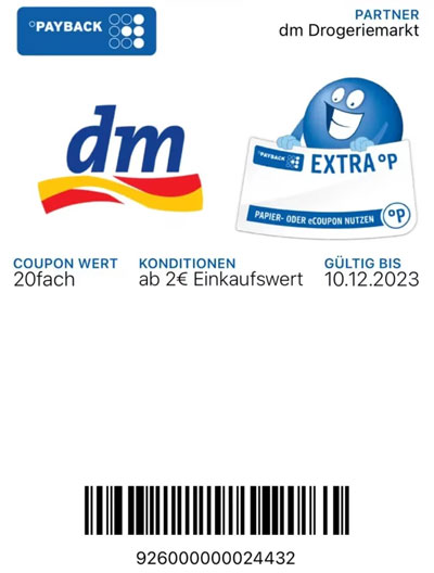 Payback dm Coupons: 20-fach Payback Punkte bei dm (= 10%)